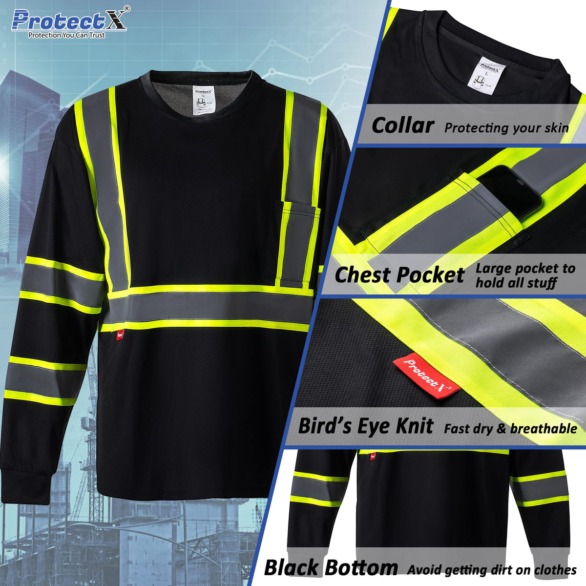 ProtectX 3-Pack Men's High Visibility Shirt Black Long Sleeve Reflecti