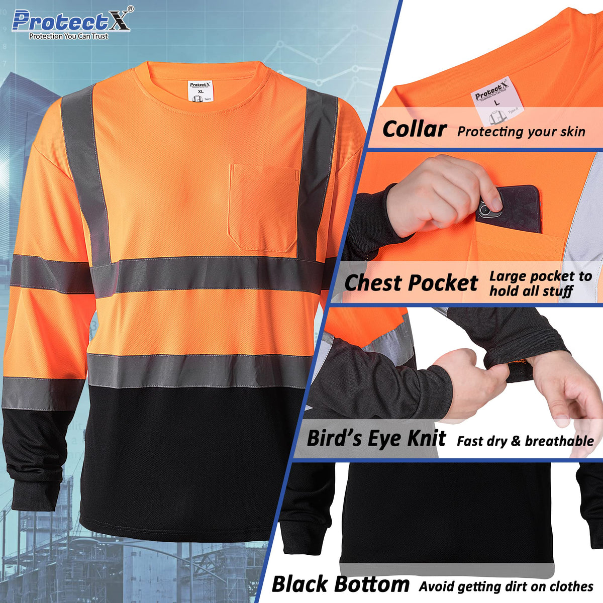 ProtectX 3-Pack Reflective High Visibility Orange Heavy-Duty Long Slee