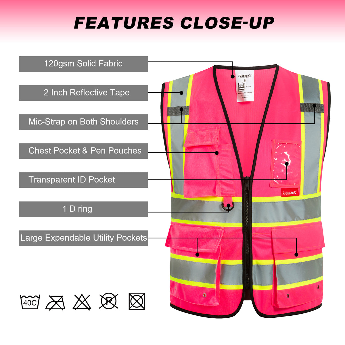 ProtectX 9 Pockets Pink Safety Vest for Men Women High Visibility Refl
