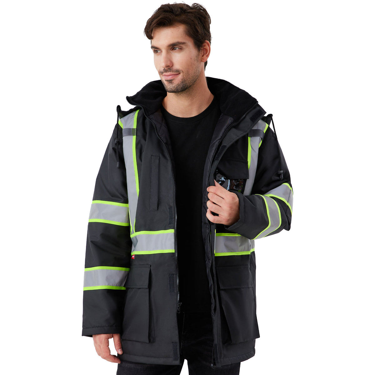 ProtectX Black High Visibility Winter Safety Jacket for Men, Reflectiv