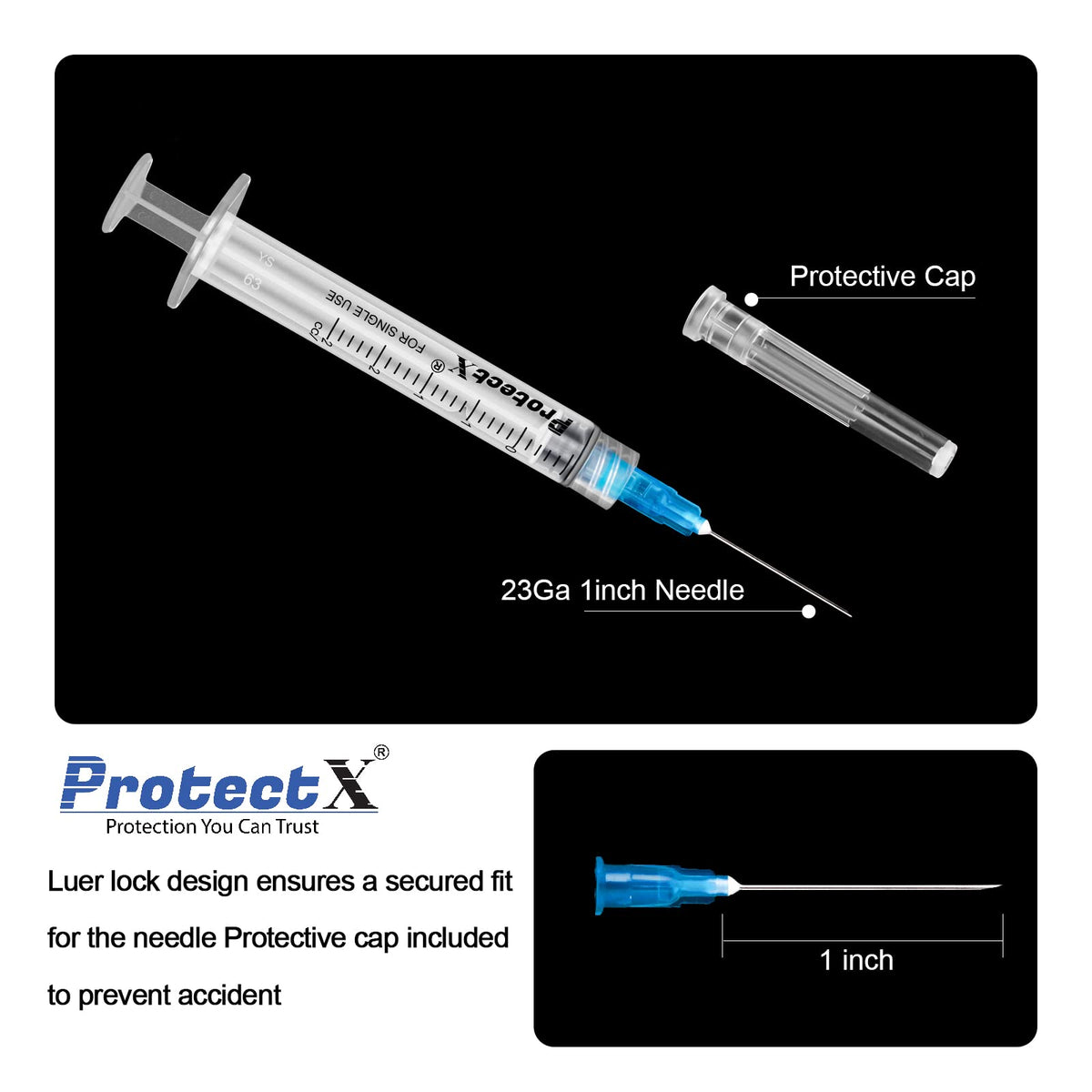 ProtectX 2.5ml Syringe, Luer Lock, 23Ga 1” Needle, Sterile, 50-Pack