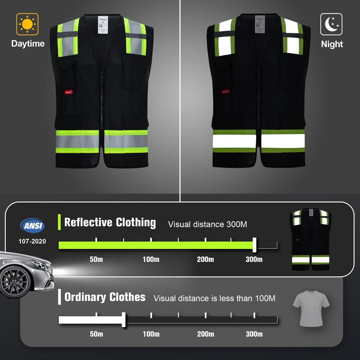 ProtectX Black High Visibility Reflective Safety Vest for Men Women Hi