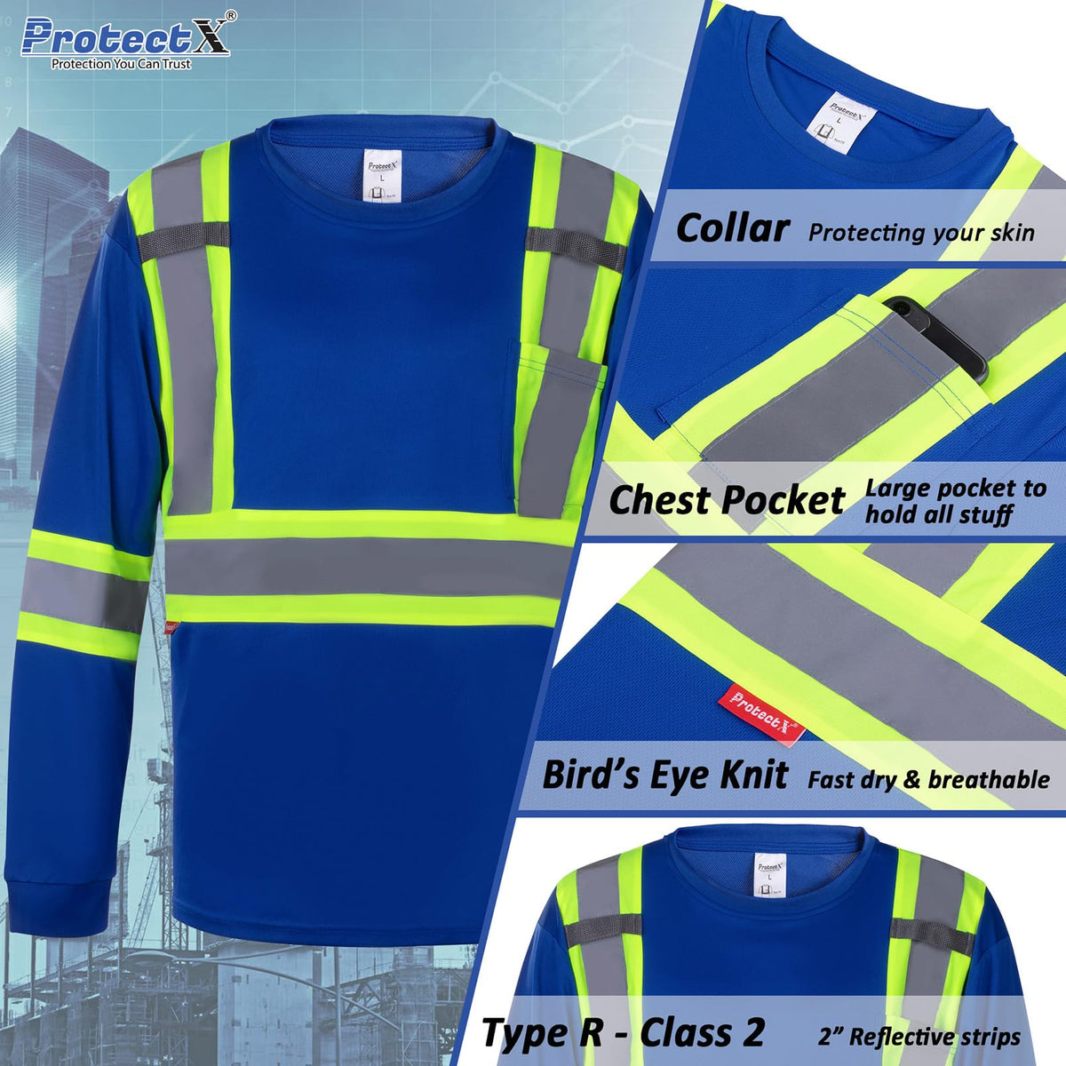 ProtectX Men's High Visibility Shirt Blue Long Sleeve Reflective Hi Vi