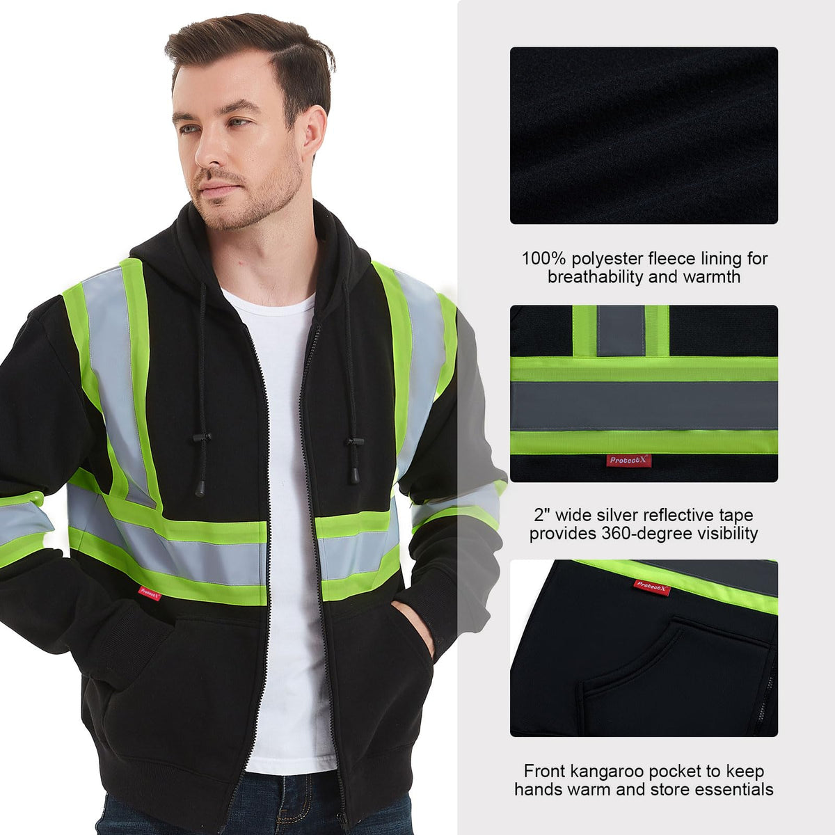 ProtectX Black Zippered High Visibility Winter/Fall Hoodie Safety Refl