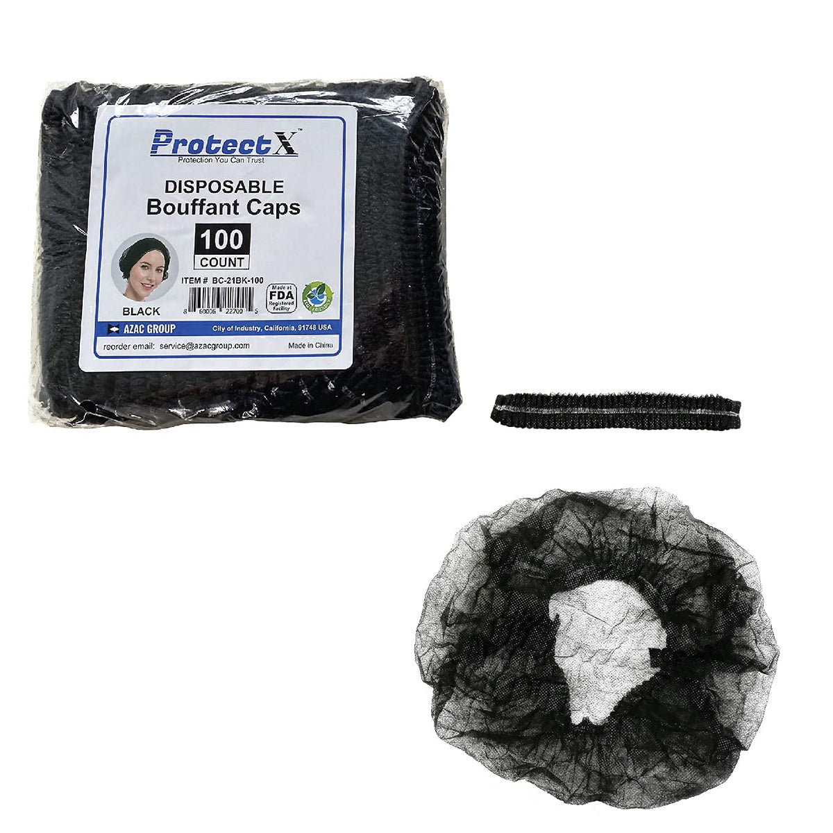 ProtectX | Disposable Hair Nets 100-Pack 21" Black Bouffant Caps