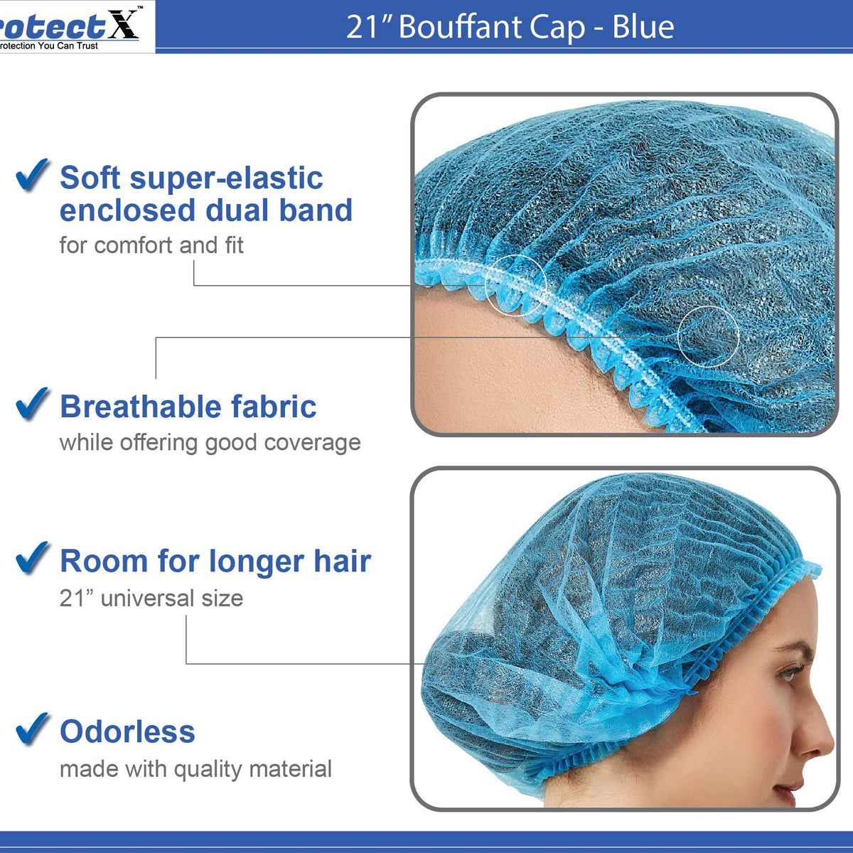 ProtectX | Disposable Hair Nets 100-Pack 21" Blue Bouffant Caps