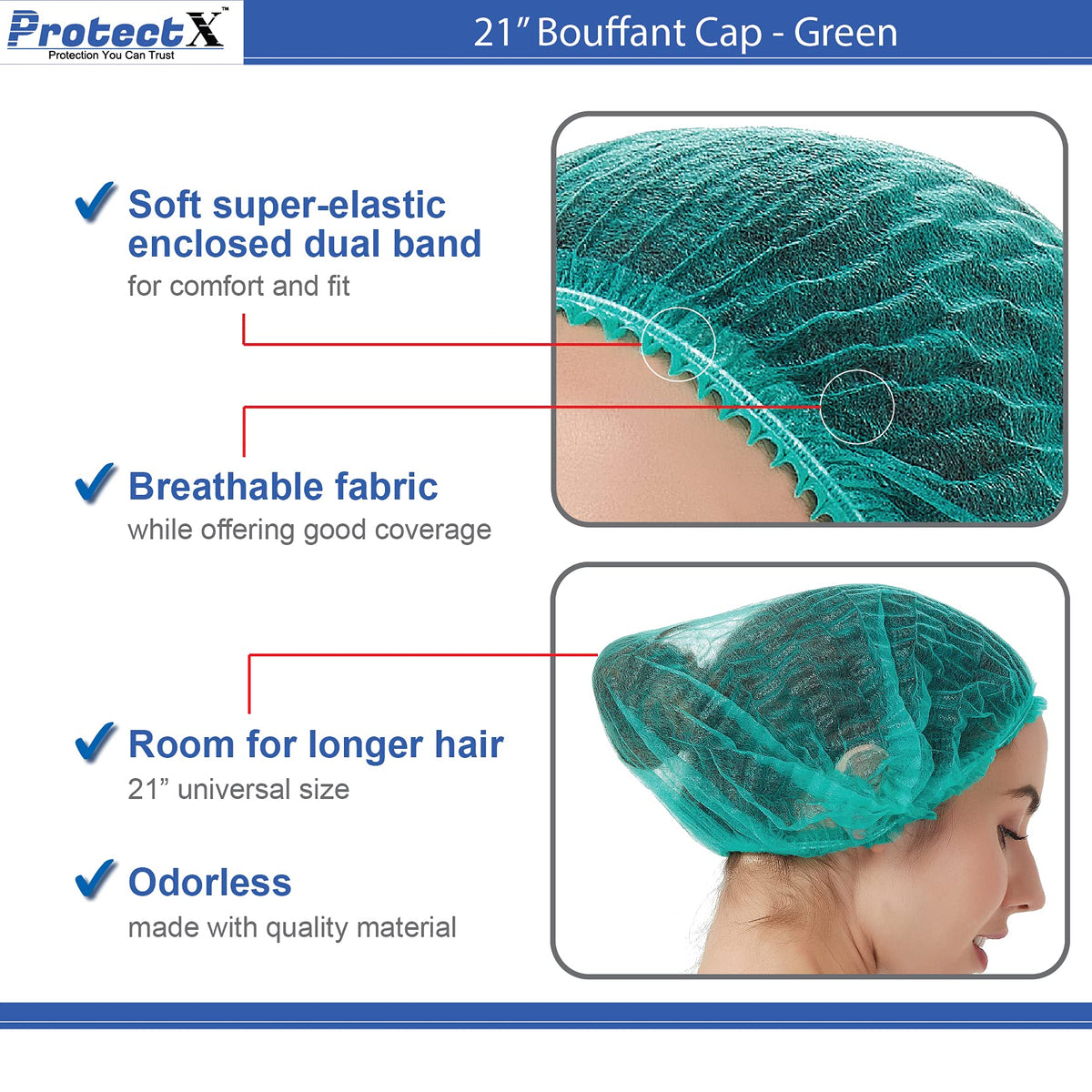 ProtectX | Disposable Hair Nets 100-Pack 21" Green Bouffant Caps