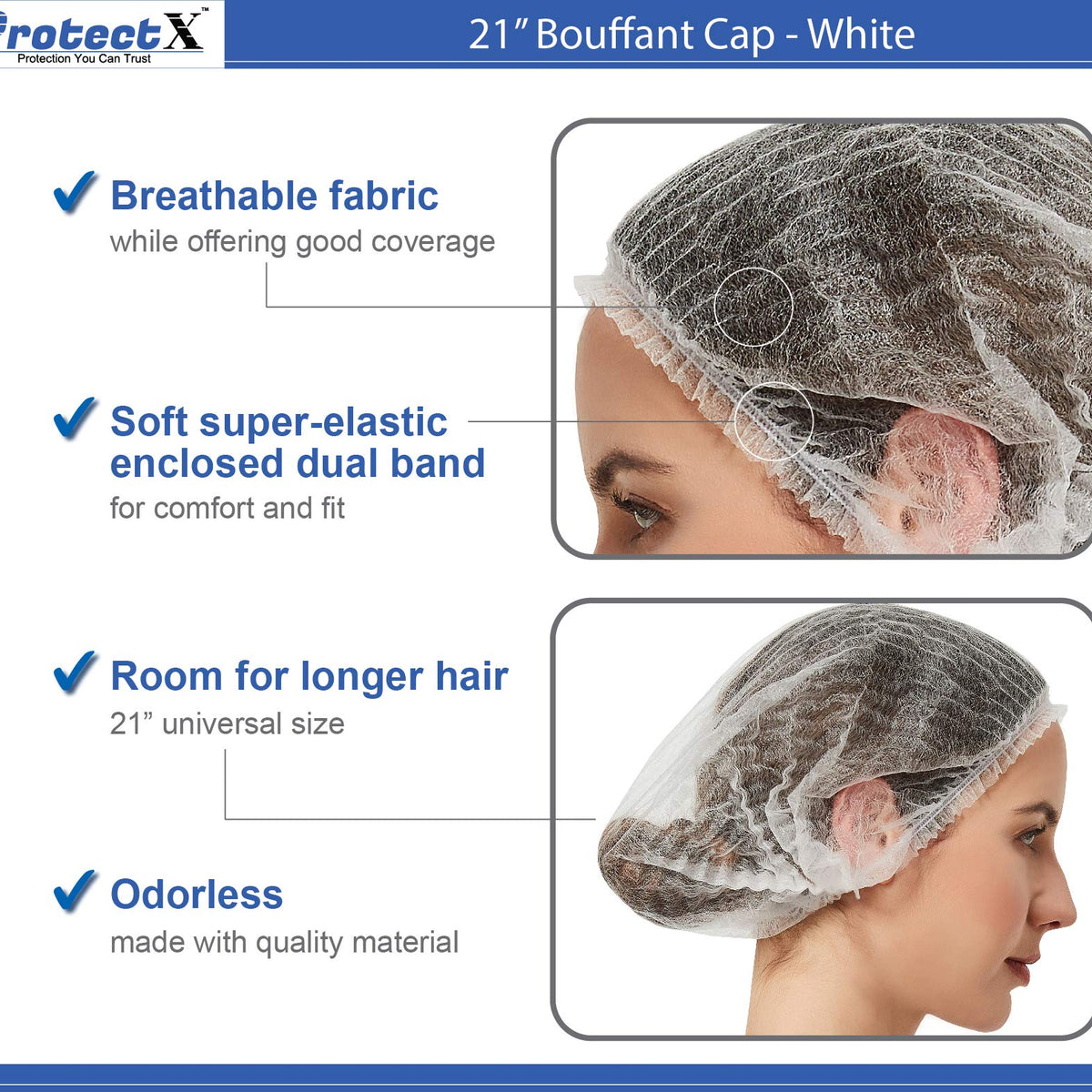ProtectX | Disposable Hair Nets 100-Pack 21" White Bouffant Caps