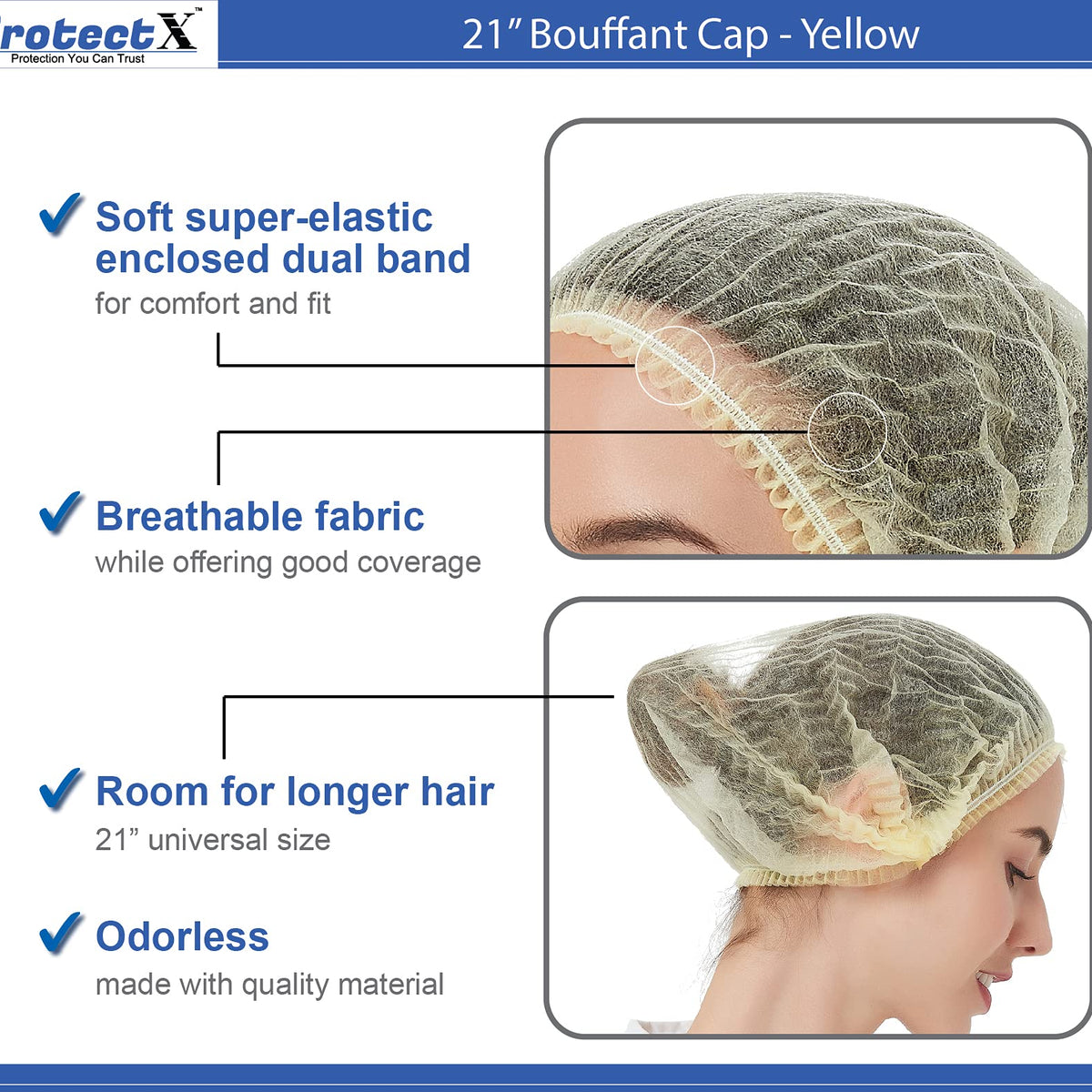 ProtectX | Disposable Hair Nets 100-Pack 21" Yellow Bouffant Caps