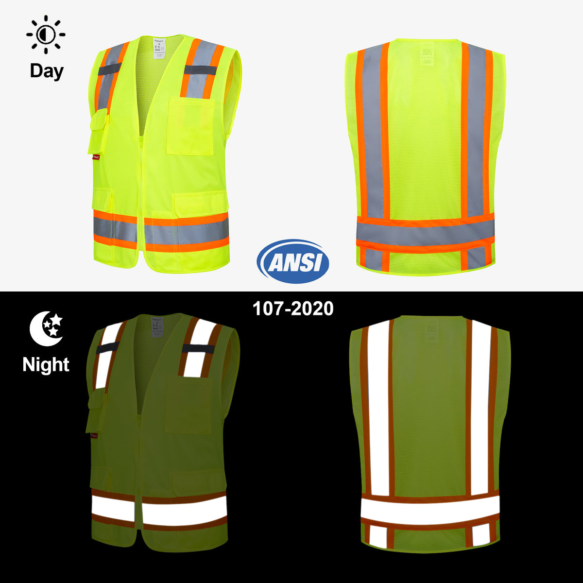 ProtectX Neon Green High Visibility Reflective Safety Vest for Men Wom