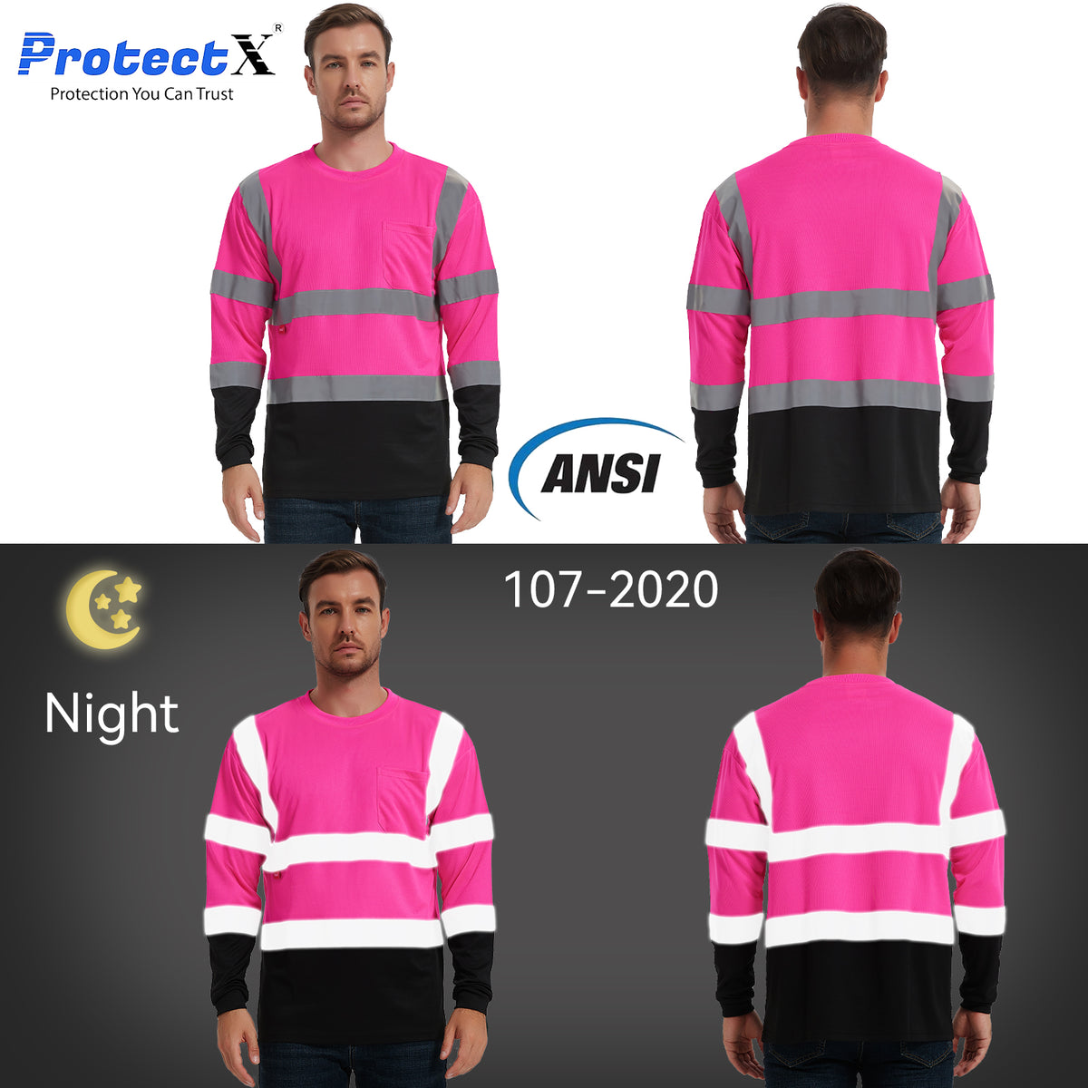 ProtectX 3-Pack Pink Reflective Hi Vis Safety Shirt Long Sleeve Safety ...