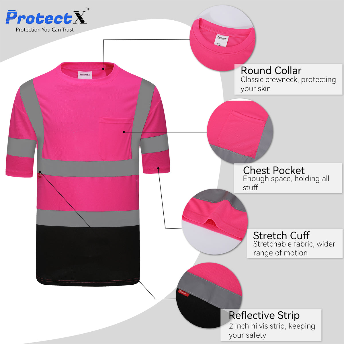 ProtectX Reflective Pink Safety T-Shirt 3-Pack, High-Visibility Type R