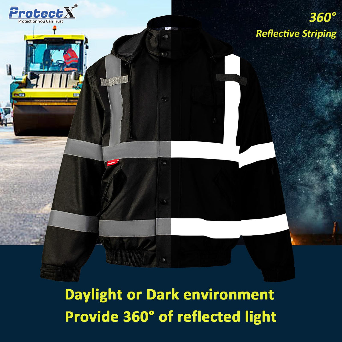 ProtectX Winter Hi Vis Safety Waterproof Bomber Jacket for Men, High V