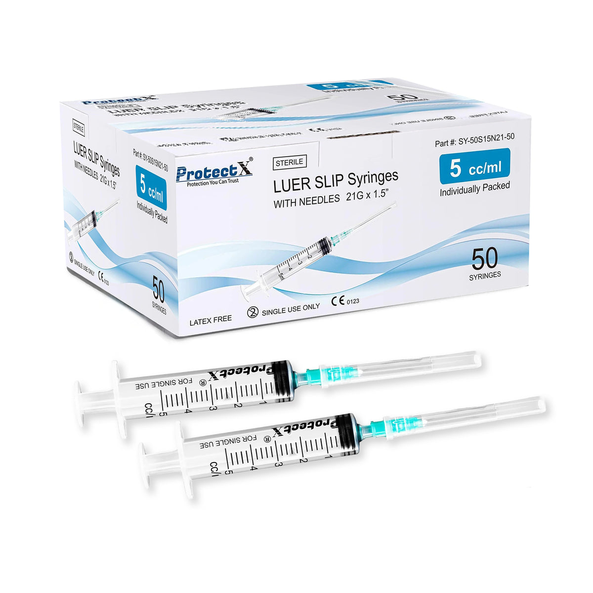 ProtectX 5ml Syringe, Luer Slip, 21Ga 1.5” Needle, Sterile, 50-Pack