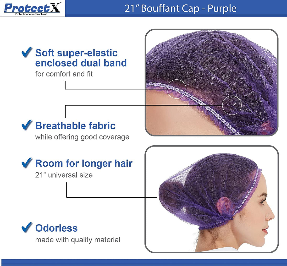ProtectX | Disposable Hair Nets 100-Pack 21" Purple Bouffant Caps