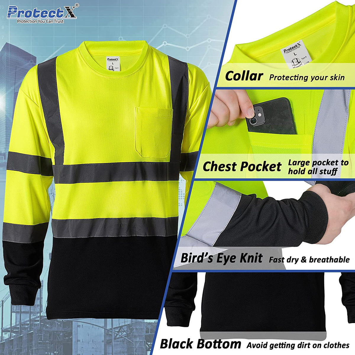 ProtectX Reflective Hi Vis Long Sleeve Safety T-Shirt Class 2 Heavy-Duty R